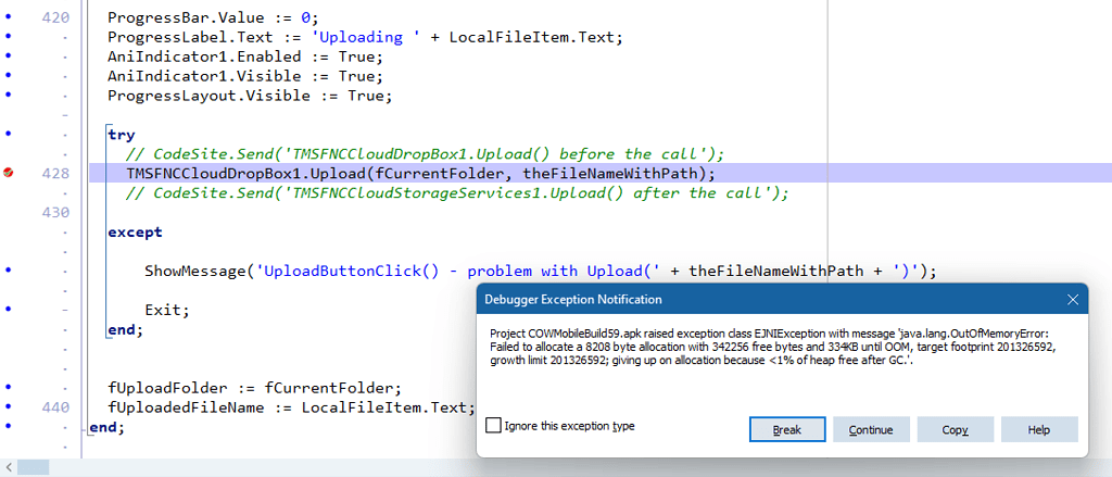 java.lang.OutOfMemoryError with 181MB Dropbox upload - TMS FNC Cloud Pack - TMS Support Center