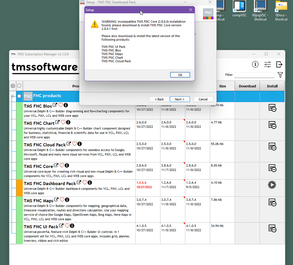 FNCDashboard installation needs older FNCcore - TMS WEB Core - TMS Support Center