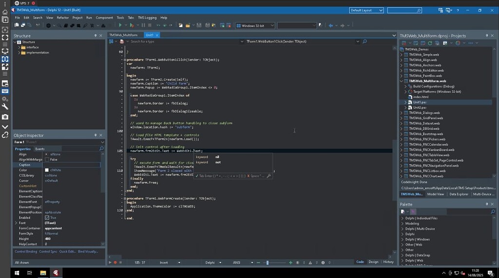 Code Completion not showing component properties in Delphi 12 Web Core projects - TMS WEB Core ...