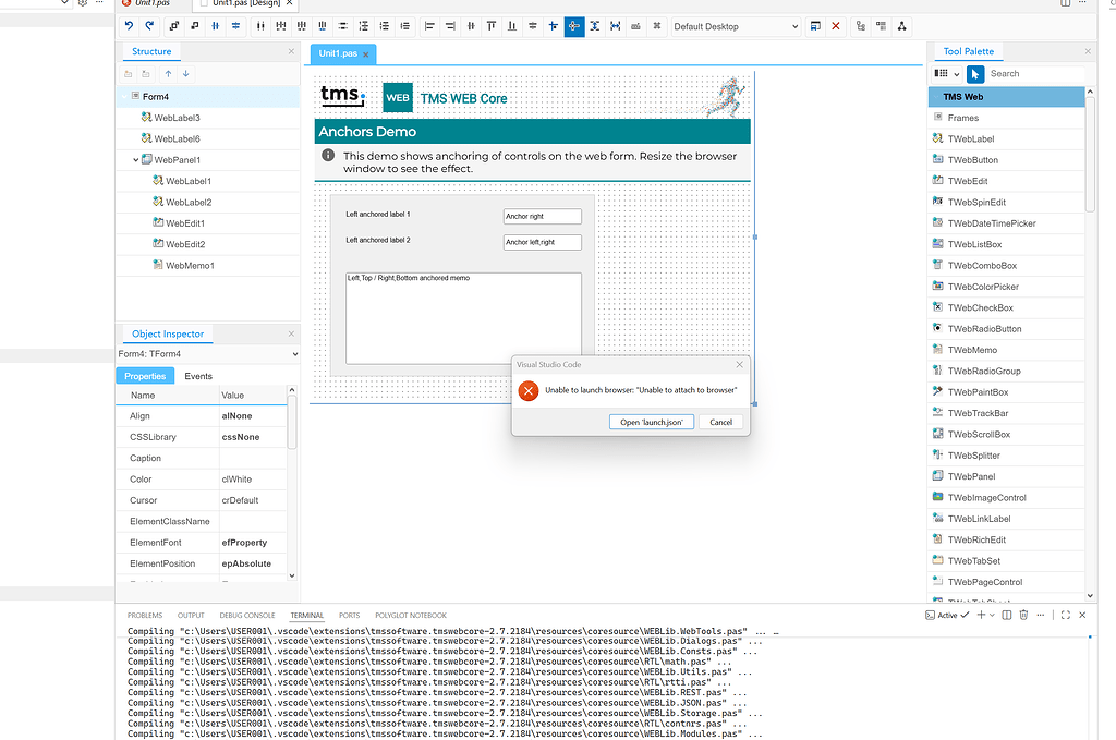 ERROR Unable to launch browser - TMS Web Core VSC - TMS Support Center